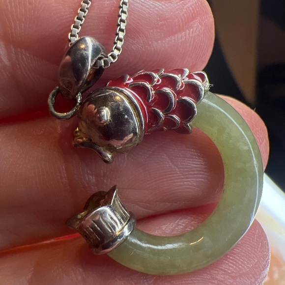 Jewelry | Vintage Jade Koi Fish With Sterling Silver Red Enamel Scales ...